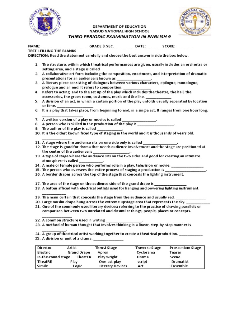 3rd Periodic Exam S.Y.2019-2020 | PDF | Theatre | Entertainment