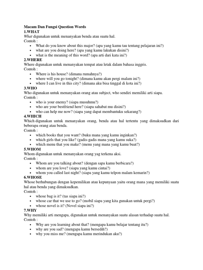 Macam Dan Fungsi Question Words | PDF