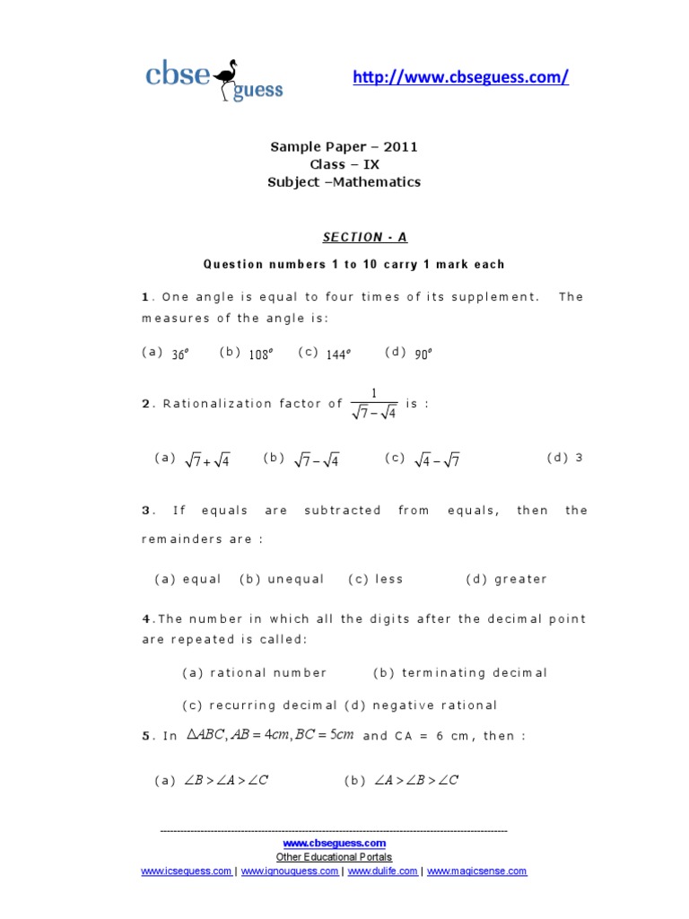 Sample Paper - 2011 Class - IX Subject - Mathematics: Comprehensive ...