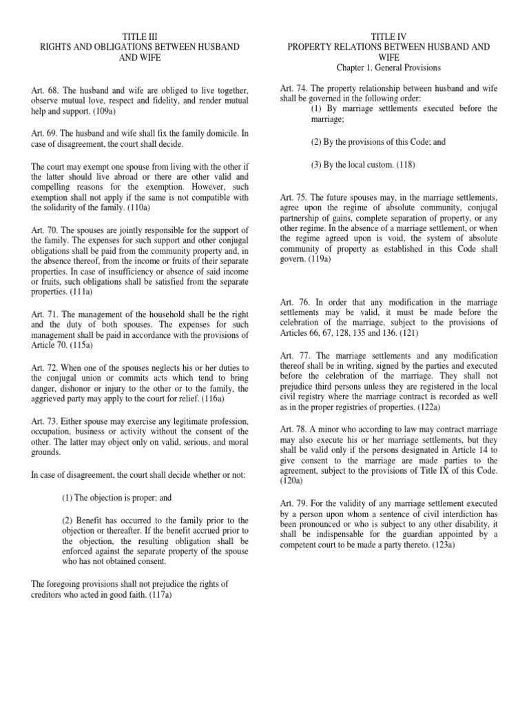Family Code Art 68-87 | PDF | Husband | Marriage