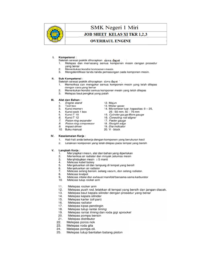 Job Sheet Overhaul Engine | PDF