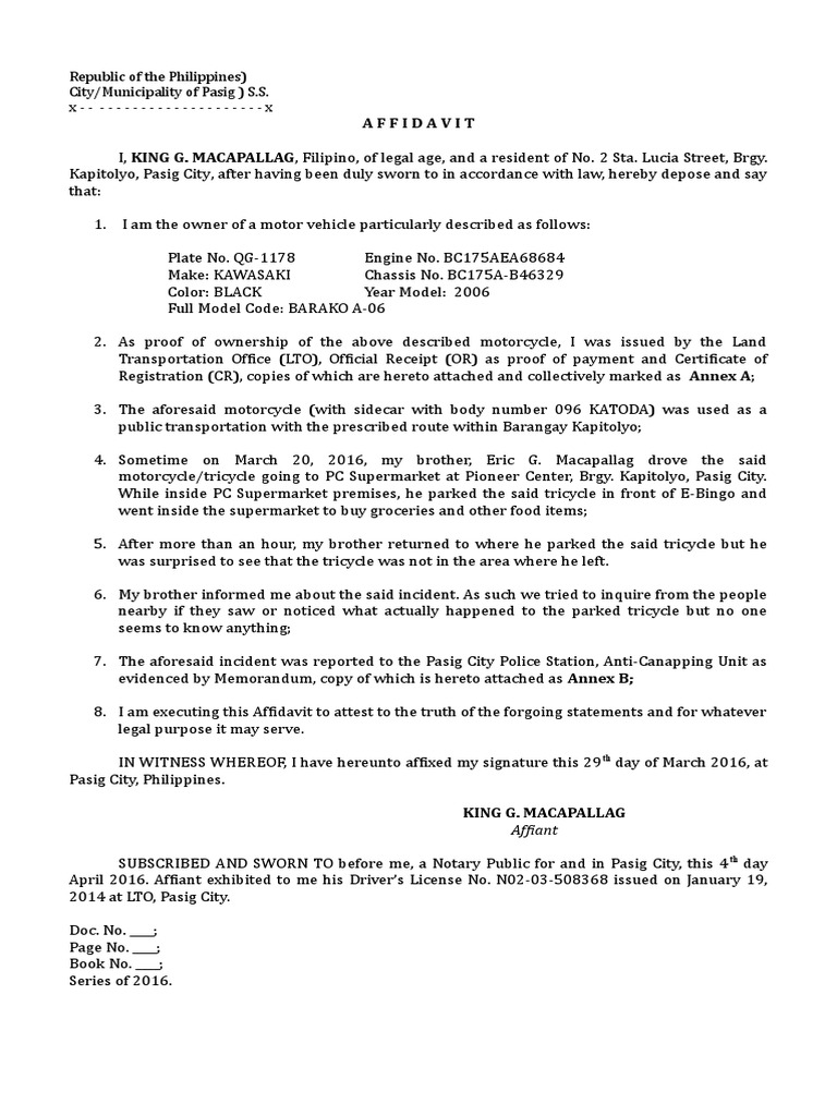 Affi Loss of Tricycle (KING) | PDF | Affidavit | Transport