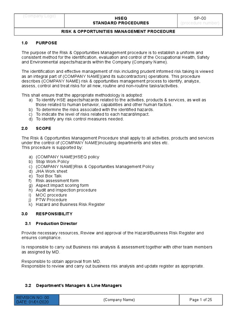 Standard Procedure - Risk and Opportunities Management | PDF | Risk ...