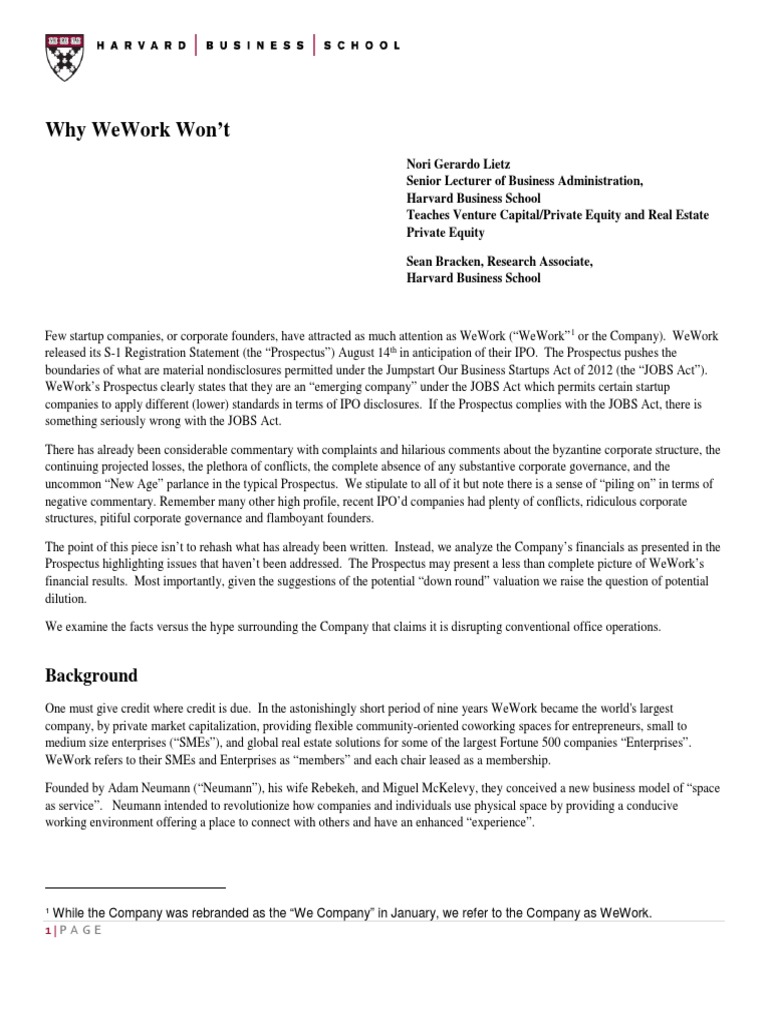 Final Version WeWork Article HBS Header | PDF | Earnings Before ...