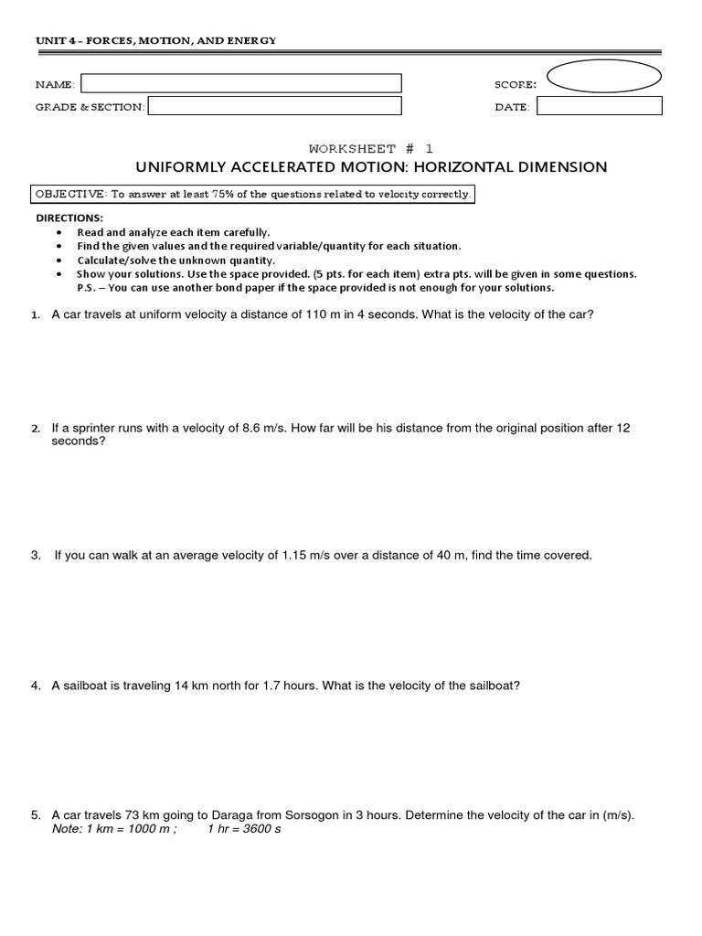 WORKSHEETS | PDF | Velocity | Acceleration