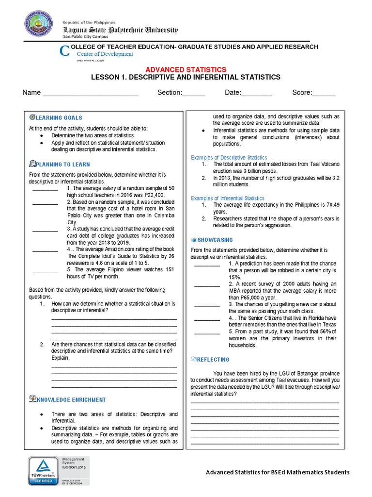 ADVANCED STATISTICS Activities | PDF | Level Of Measurement ...