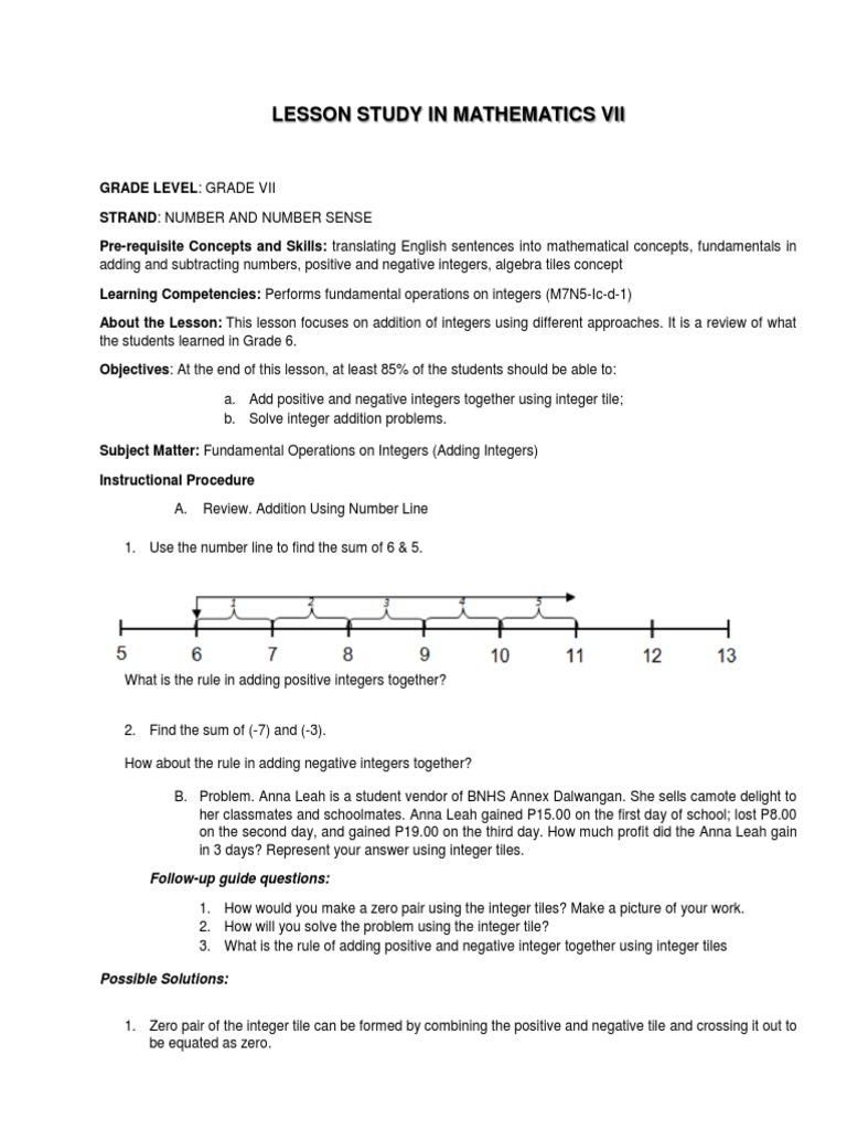 A Lesson Plan in Adding and Subtracting Integers Using Algebra Tiles ...