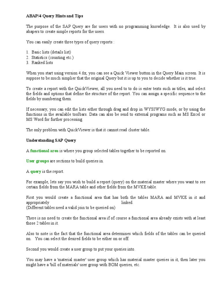 Abap 4 Query | PDF | Microsoft Excel | Information Age