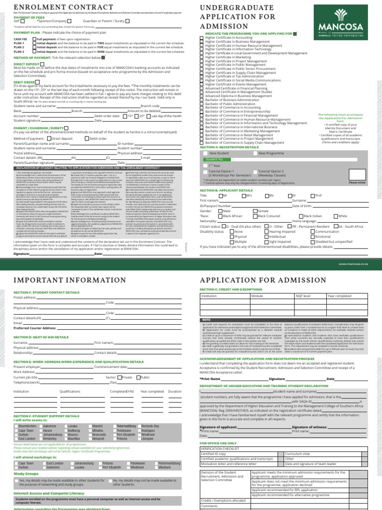 MANCOSA Undergraduate Admission Guide | PDF | Identity Document | Banks