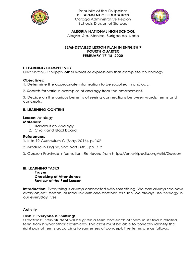 G7 Lesson Plan 4 | PDF | Analogy | Cognitive Science