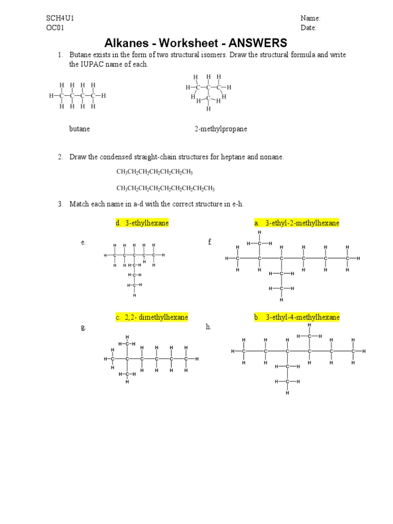 Oc01 Alkanes Worksheet Answers | PDF | Alkane | Atoms