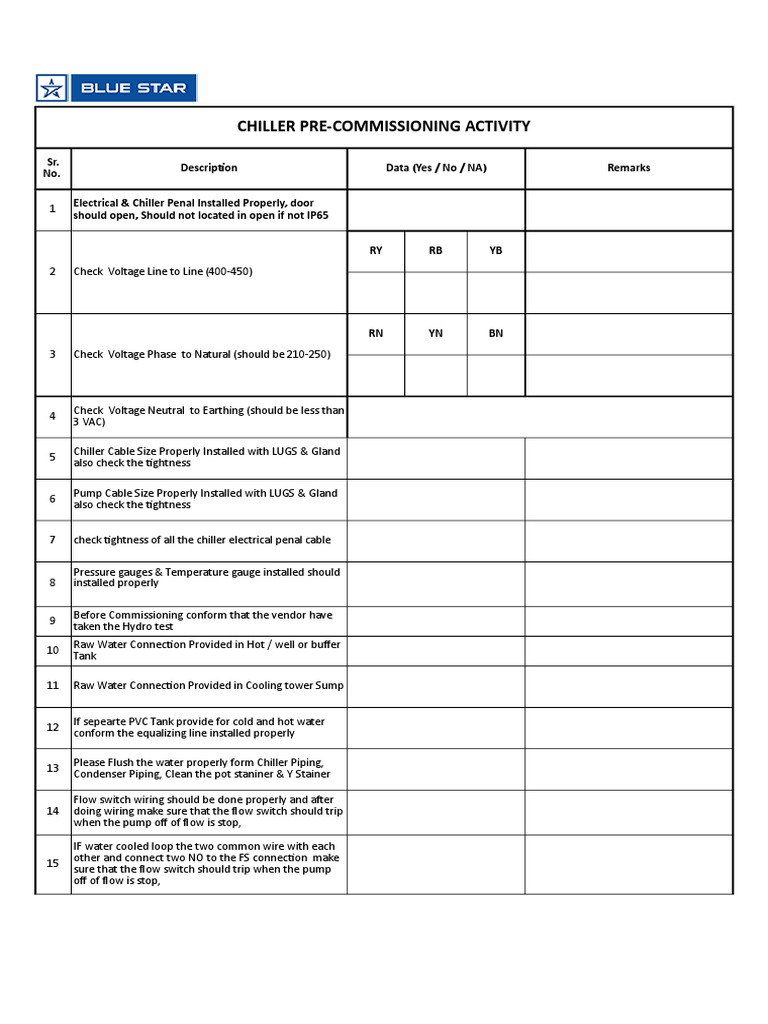 Chiller Pre-Commissioning Checklist | PDF | Pump | Civil Engineering