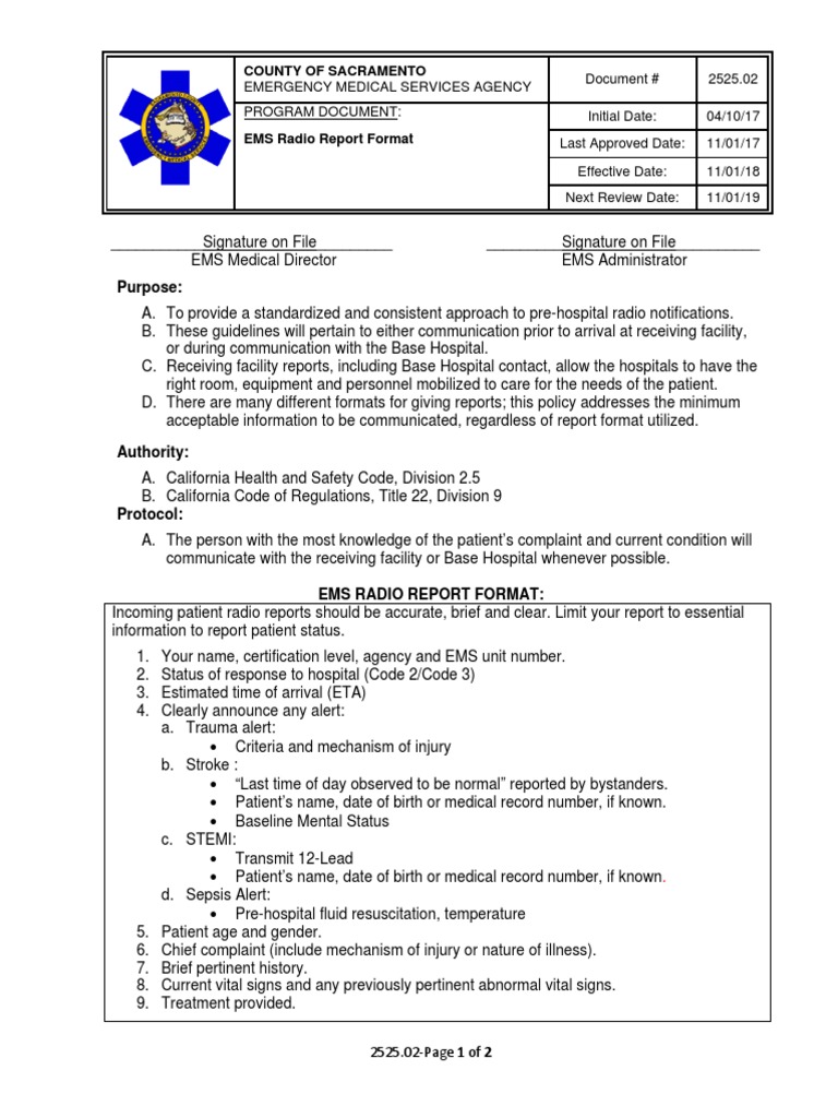 PP-2525 EMS Radio Report Format | PDF | Emergency Medical Services ...