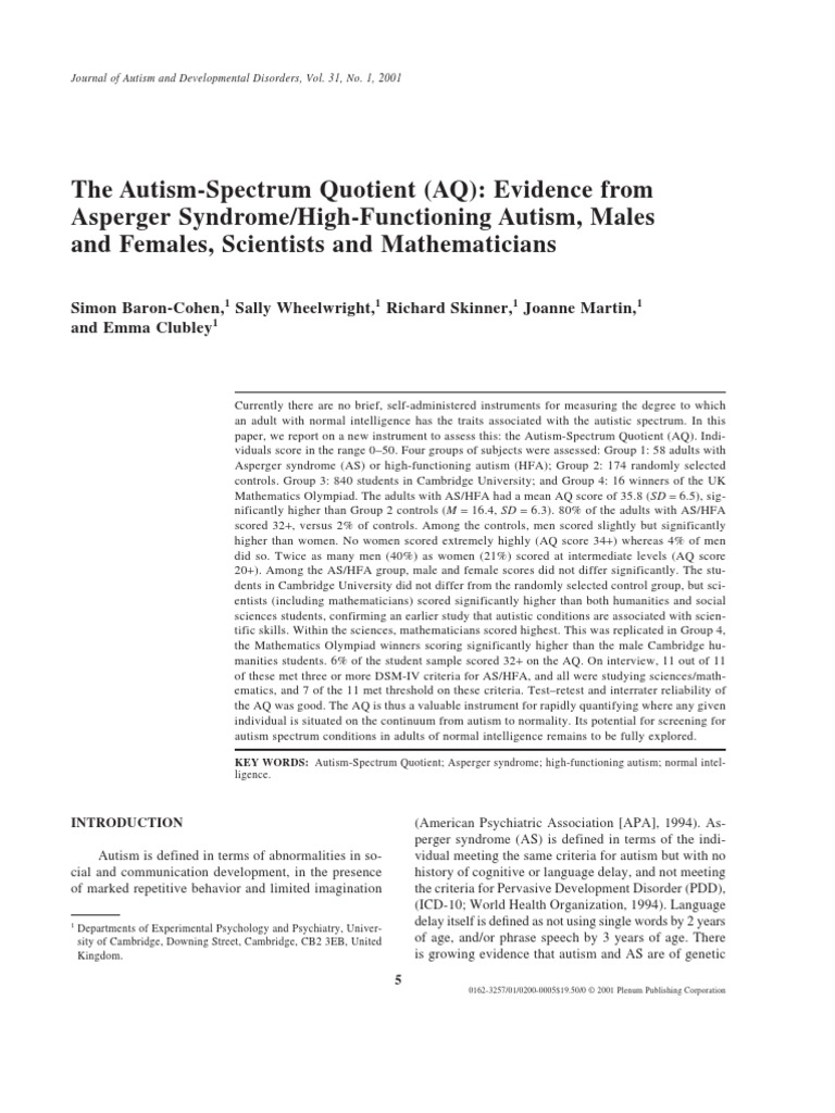 The Autism-Spectrum Quotient (AQ) : Evidence From Asperger Syndrome ...