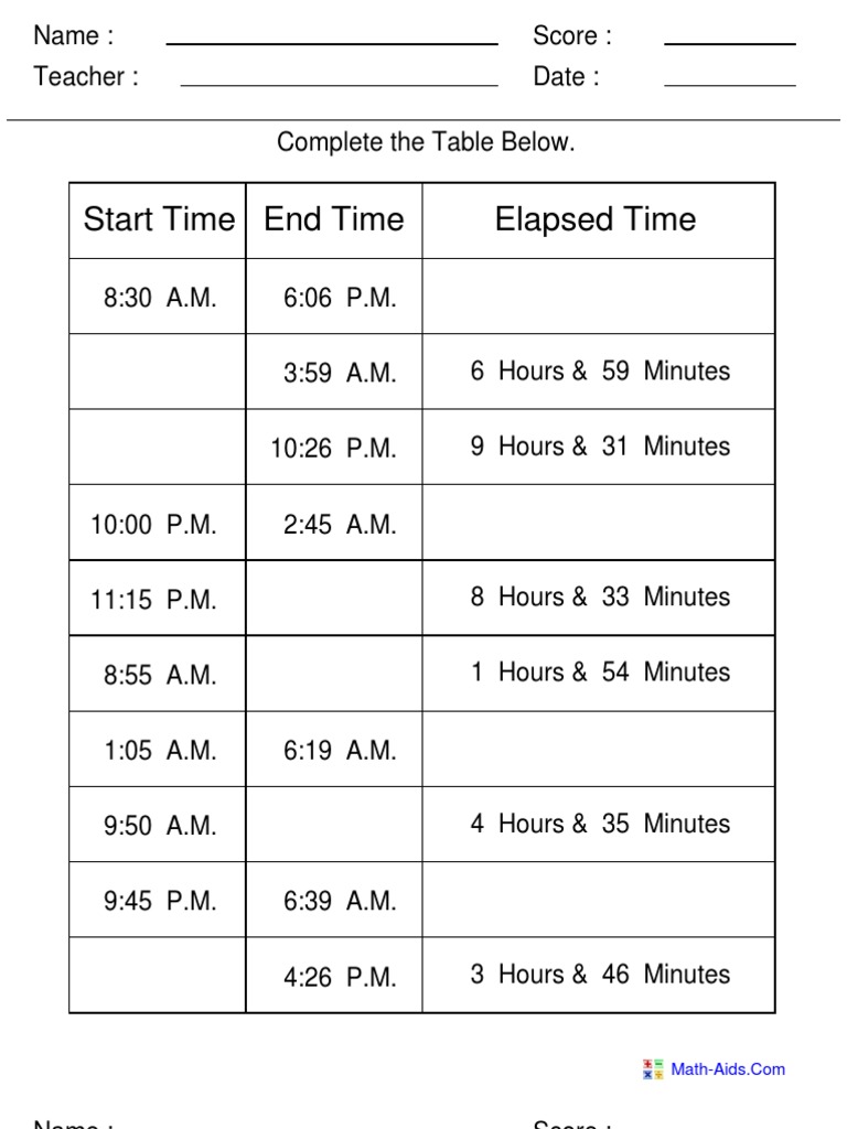 Elapsed Time Table | PDF