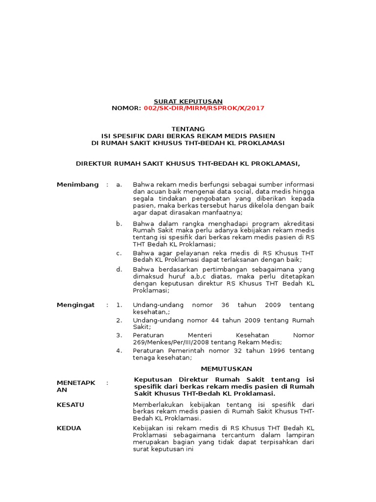 SK Isi Spesifik Berkas Rekam Medis (MIRM 13.1) | PDF