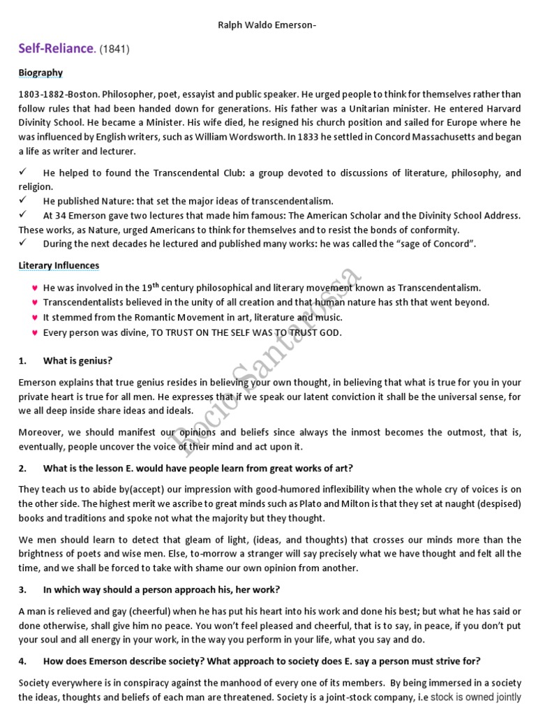 R. W Emerson Self Reliance | PDF | Transcendentalism | Ralph Waldo Emerson