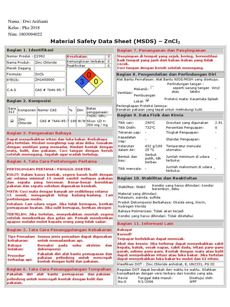 MSDS Zinc Chloride dan Penanganannya | PDF