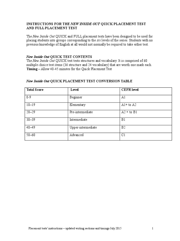 Full Placement Test Instructions | PDF