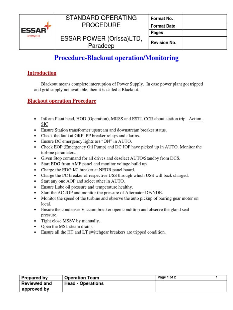 Blackout Operation and Recovery SOP | PDF | Physical Quantities ...
