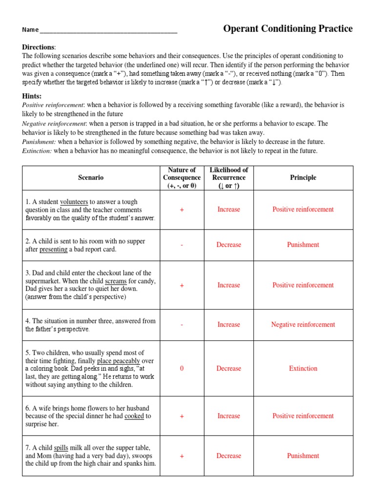 Operant Conditioning Practice Updated - KEY | PDF | Reinforcement ...