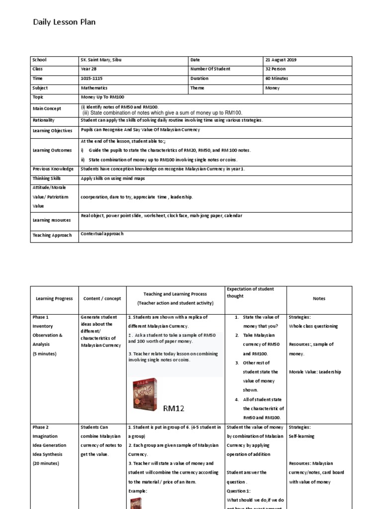 Daily lesson plan for Year 2 mathematics on money | PDF | Banknote ...
