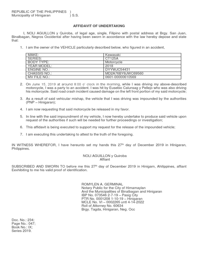 Affidavit of Undertaking | PDF | Affidavit | Legal Procedure