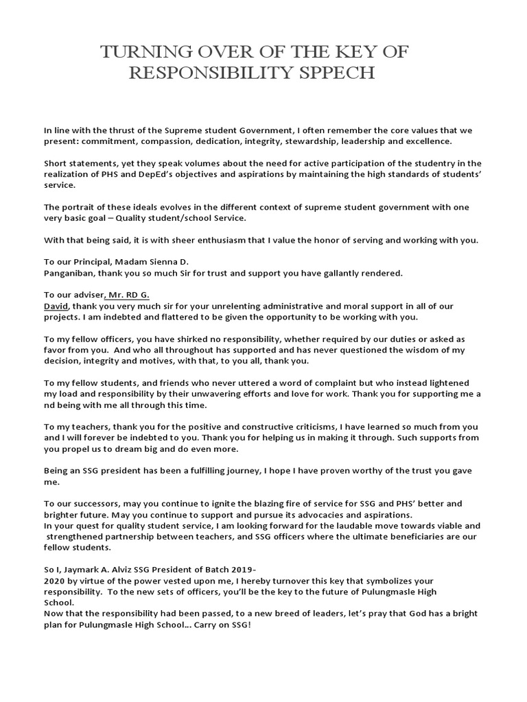 Turning Over of The Key of Responsibility Speech | PDF