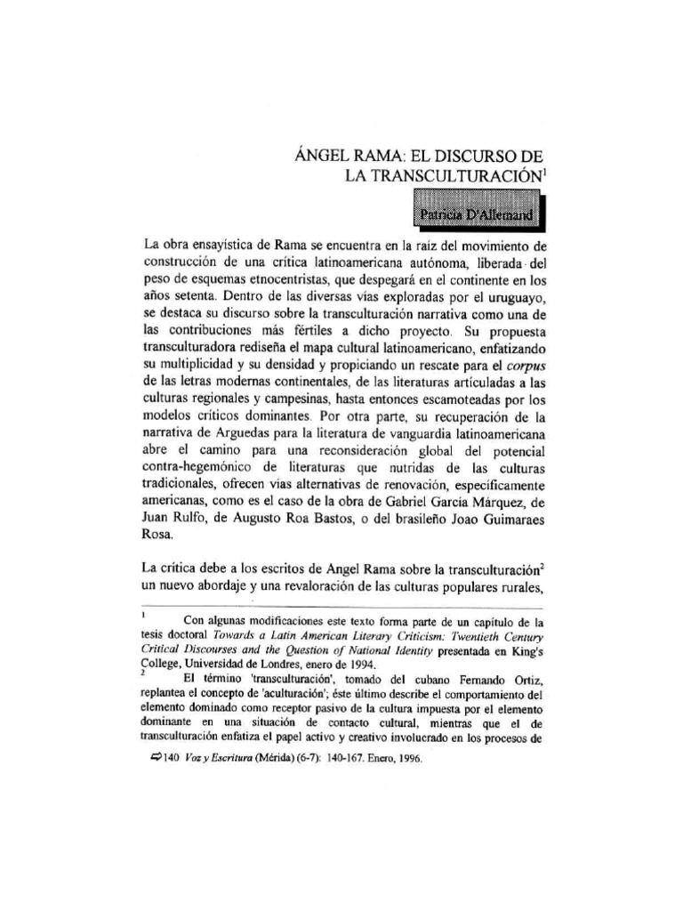 Angel Rama El Discursos de La Transculturizacion | PDF