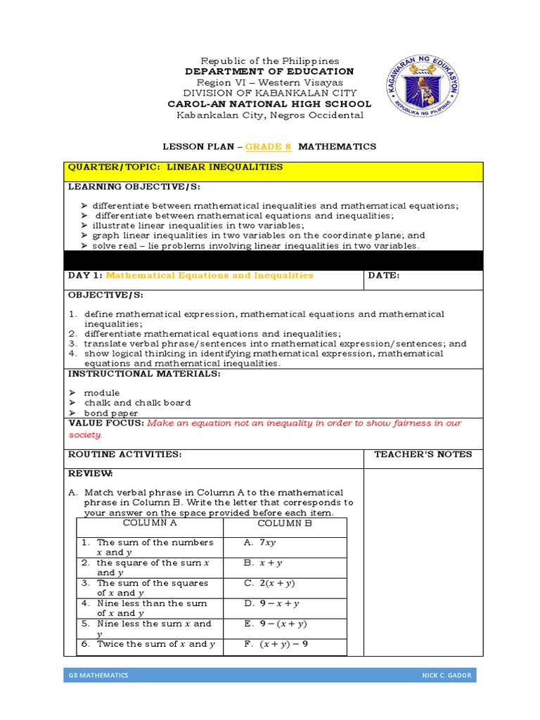 SamplE LESSON PLAN | PDF | Inequality (Mathematics) | Variable ...