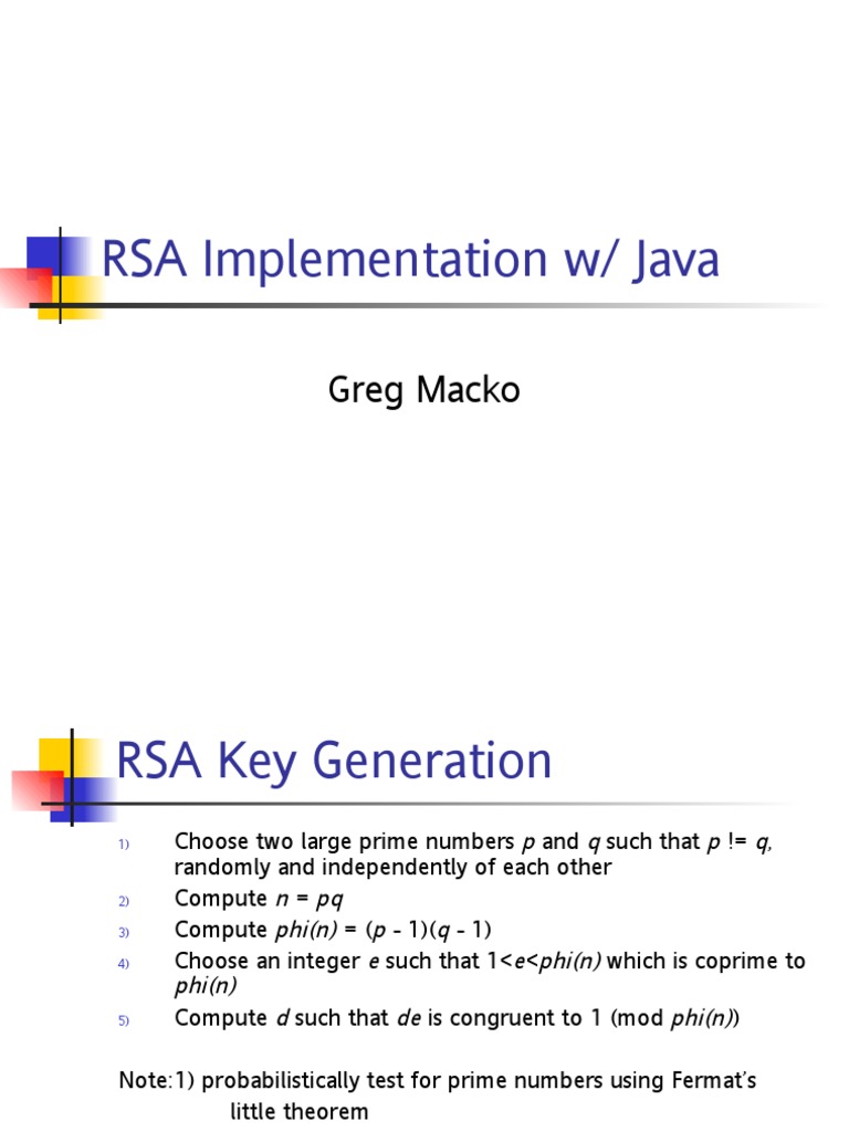 RSA Implementation W/ Java: Greg Macko | PDF | Prime Number | Cryptography