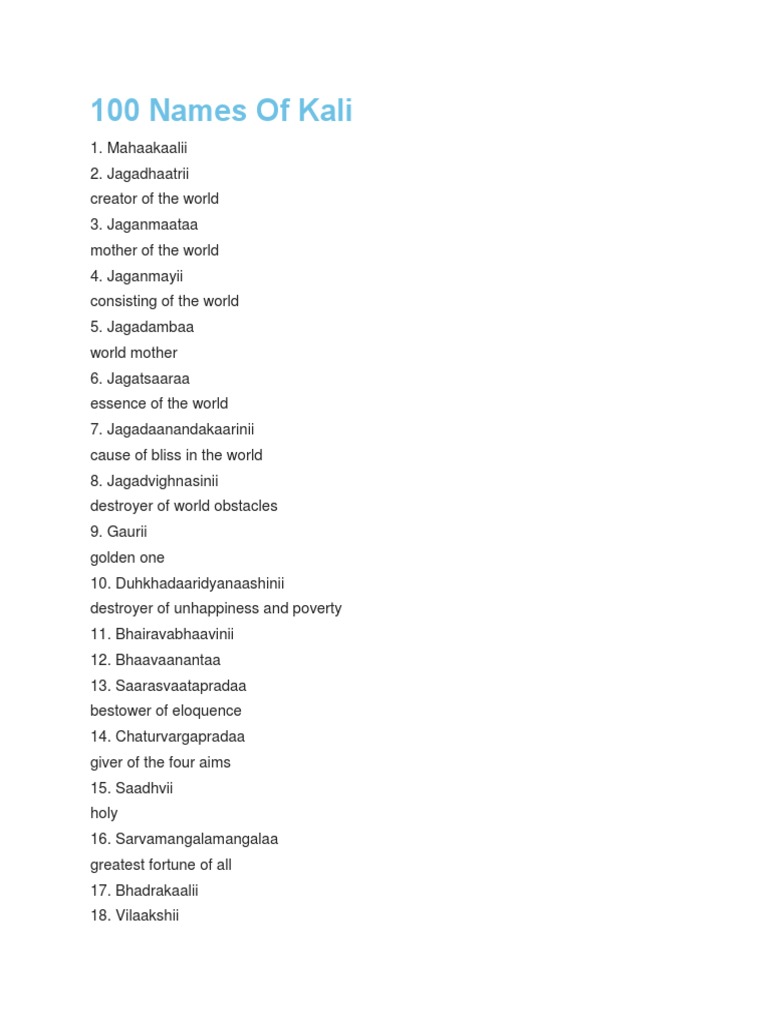 100 Names of Kali | PDF | Kali | Hindu Literature