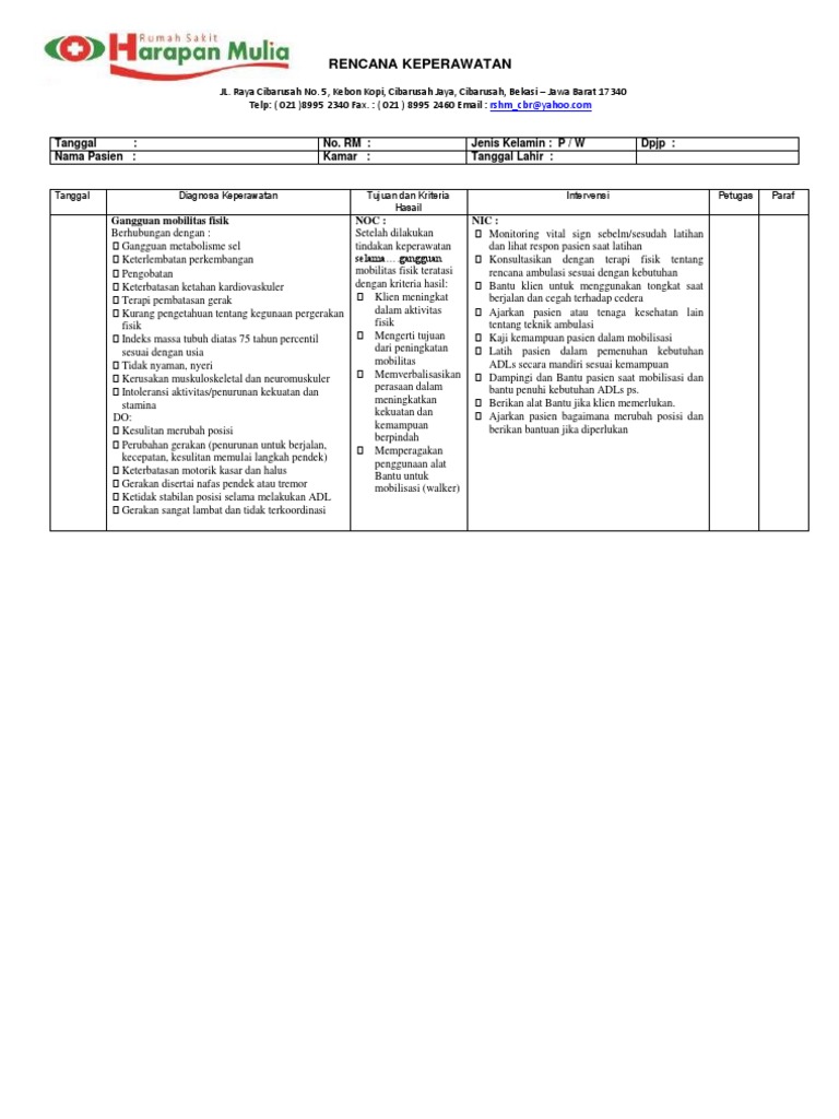 Format RENCANA KEPERAWATAN Gangguan Mobilitas Fisik | PDF