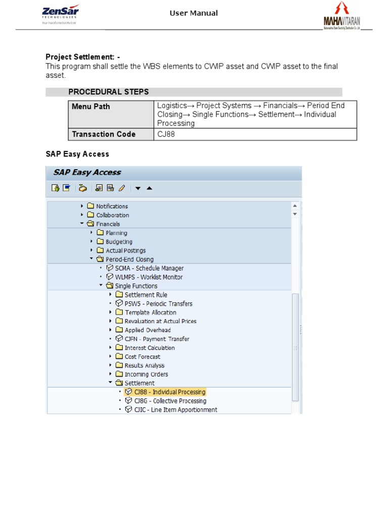 Project Settlement Process in SAP | PDF
