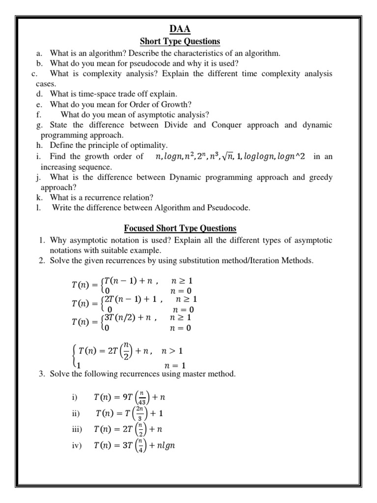 DAA Question Bank | PDF | Recurrence Relation | Algorithms