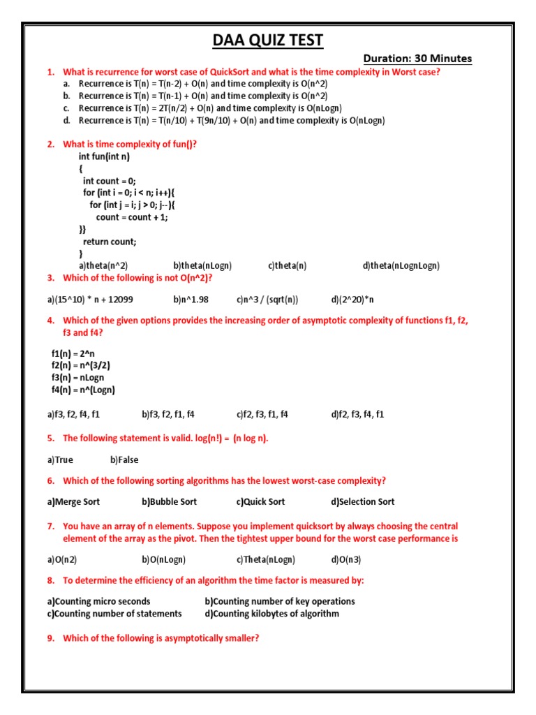 DAA Quiz 1 | PDF | Algorithms And Data Structures | Mathematical Logic
