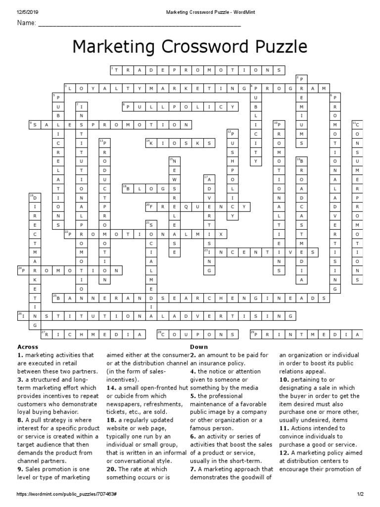Marketing Crossword Puzzle - WordMint New | PDF | Mass Media | Target ...