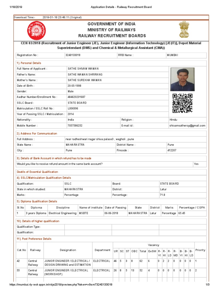 Application Details - Railway Recruitment Board | PDF | Rail Transport ...