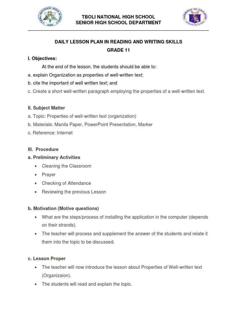 Daily Lesson Plan in Reading and Writing Skills | PDF | Lesson Plan ...