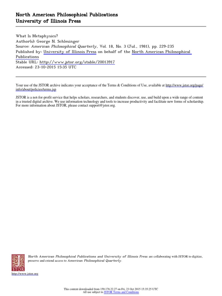 What Is Metaphysics? George N. Schlesinger | PDF | Hypothesis | Metaphysics