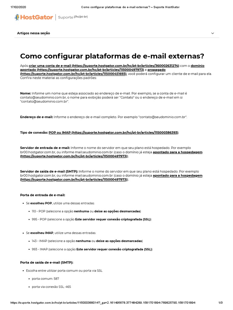 Como Configurar E-Mail - HostGator | PDF | Servidor (informática) | Protocolos de camada de ...