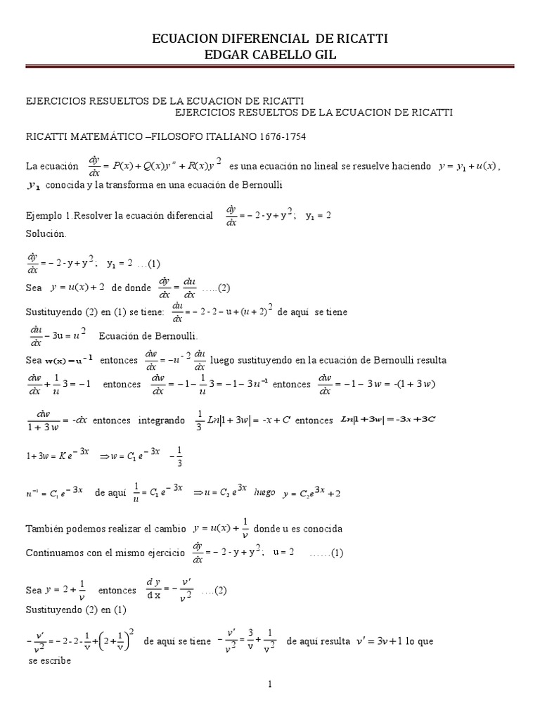 Ecuación de Ricatti resueltos | PDF | Ecuaciones | Ecuaciones diferenciales