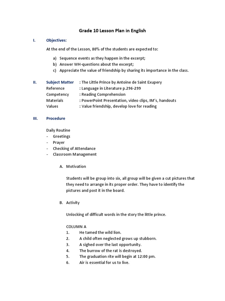 Little Prince Lesson Plan for Grade 10 | PDF | The Little Prince ...