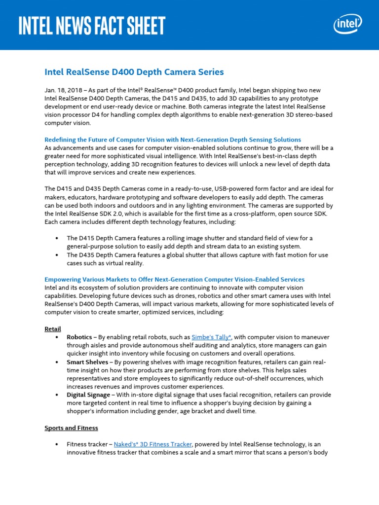 Realsense d415 d435 Fact Sheet | PDF | Imaging | Digital Technology