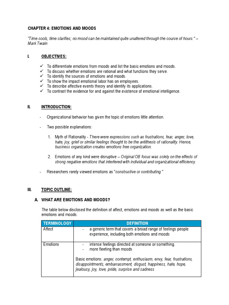 Chapter 4 - Emotions and Moods | Download Free PDF | Mood (Psychology ...