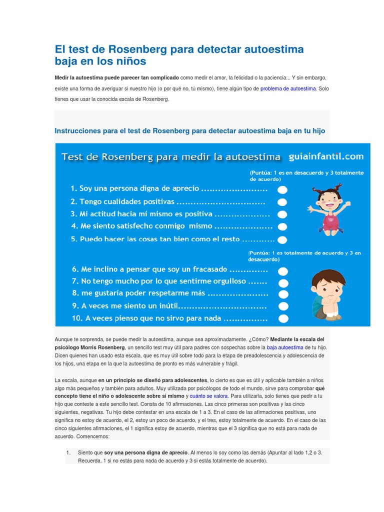 El Test de Rosenberg para Detectar Autoestima Baja en Los Niños | PDF ...