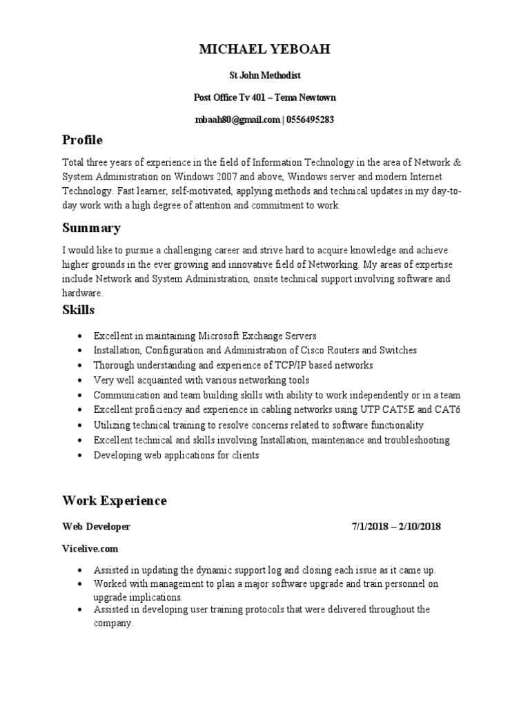 Michael CV | PDF | System Administrator | Computer Network