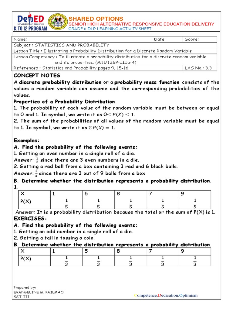 LAS 03 Illustrating A Probability Distribution For A Discrete Random Variable | PDF ...