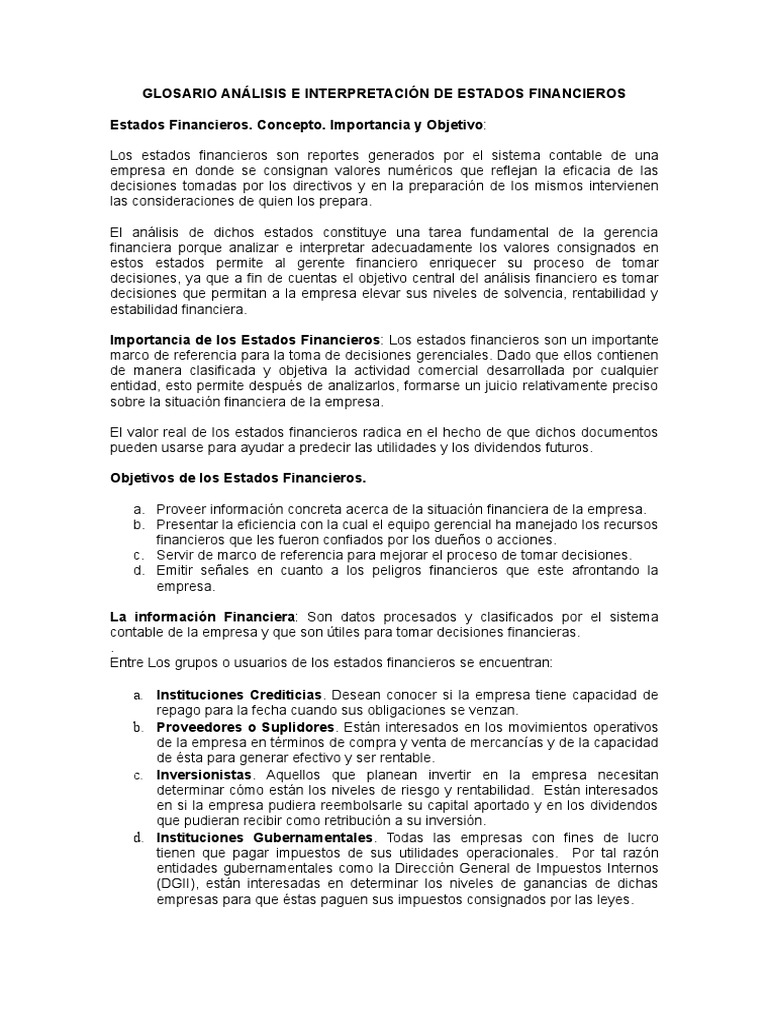 Glosario Analisis e Interpretacion de Los Estados Financieros | PDF | Compartir (Finanzas ...