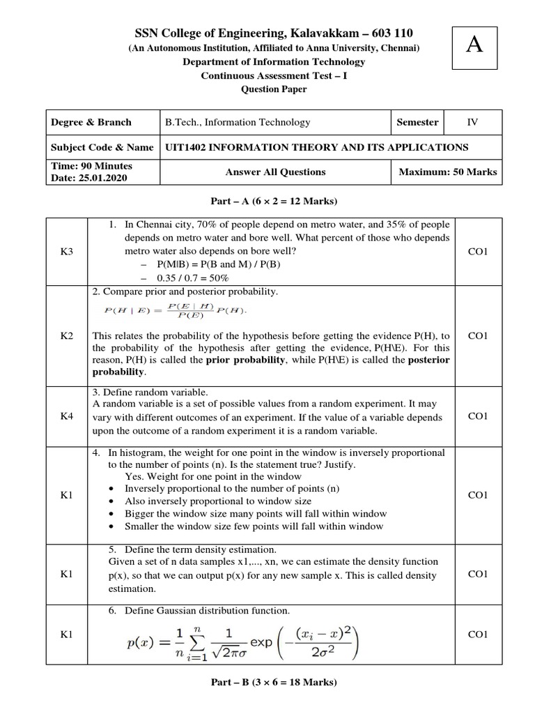 Cat1 QP Ita Ans Key | PDF | Probability Distribution | Probability Theory